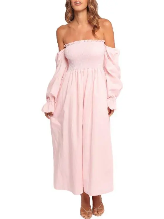 PETAL & PUP Domenica Off The Shoulder Linen Blend Midi Dress - Pink