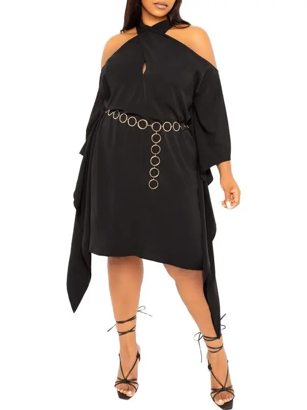 BUXOM COUTURE Cross Halter Belted Tunic Dress - Black