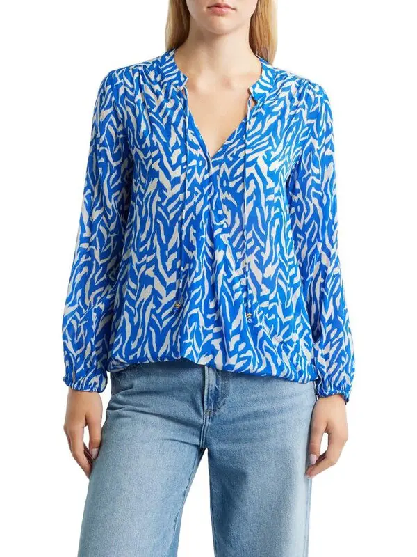 APNY Print Tassel Surplice Chiffon Top - Blue/white Multi