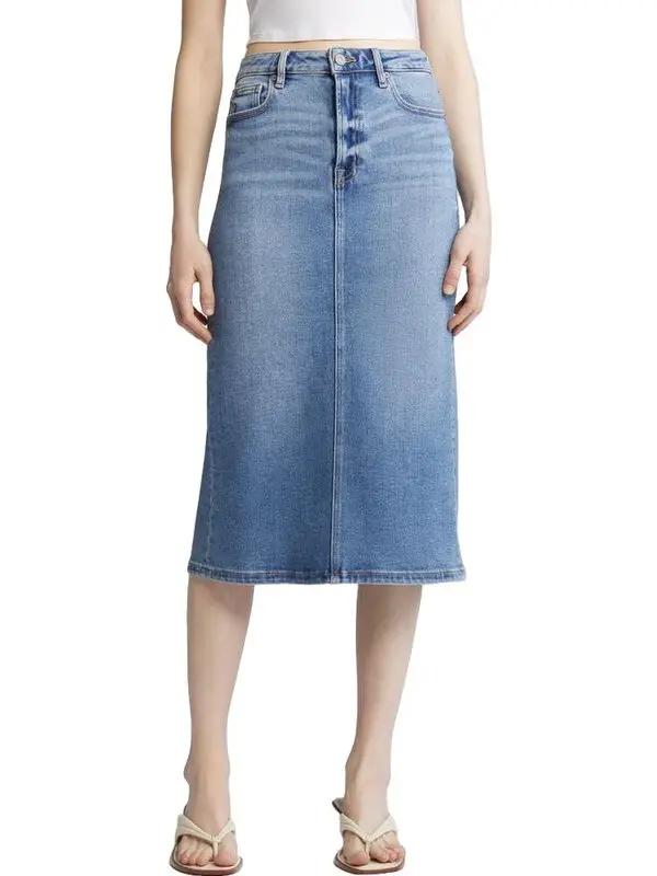 HIDDEN JEANS Back Slit Denim Midi Pencil Skirt - Medium Wash
