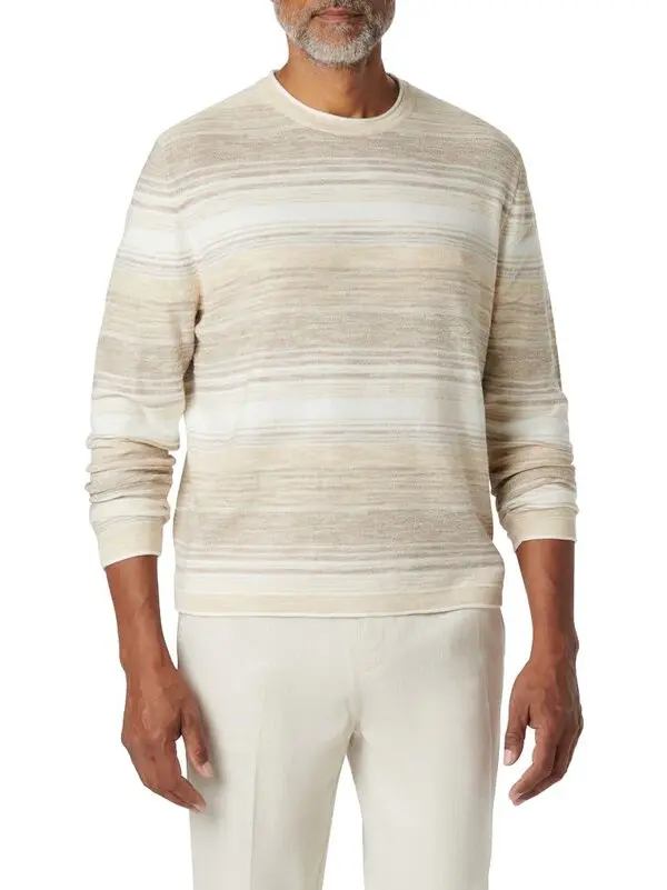 Bugatchi Stripe Crewneck Cotton Sweater - Beige