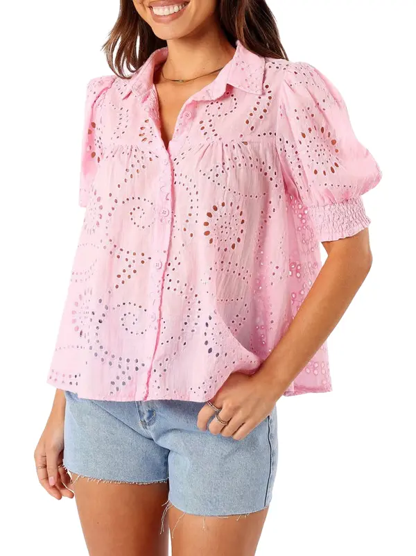 PETAL & PUP Janelle Eyelet Button-up Top - Pink