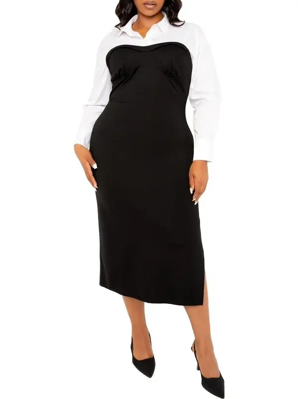BUXOM COUTURE Contrast Long Sleeve Midi Shirt Dress - Black