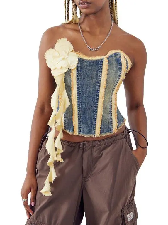 BDG URBAN OUTFITTERS Rosette Ruffle Denim Corset Top - Dark Vintage