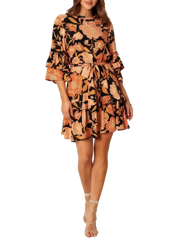 PETAL & PUP Peta Floral Tiered Mini Dress - Black Tan Floral