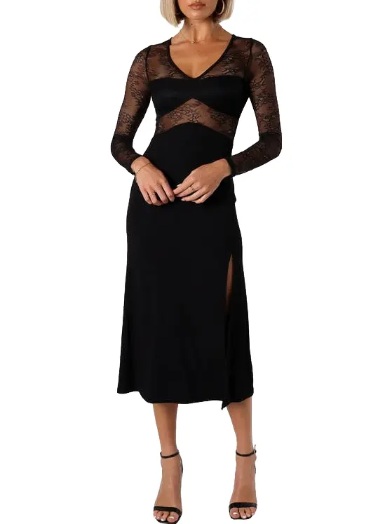 PETAL & PUP Addams Lace Inset Midi Dress - Black