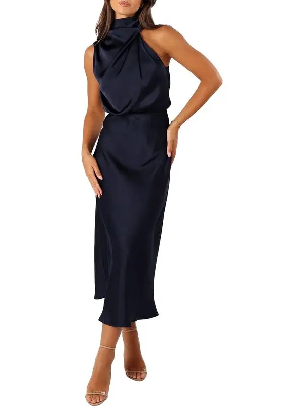PETAL & PUP Anabelle Mock Neck Satin Midi Dress - Navy