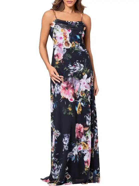 Betsy & Adam Floral Print Cowl Neck Gown - Black/ Multi