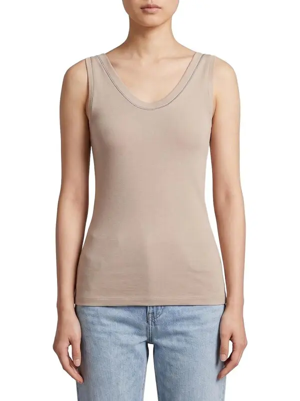 Brunello Cucinelli Stretch Cotton V-neck Tank Top With Monile Embellishment - Beige
