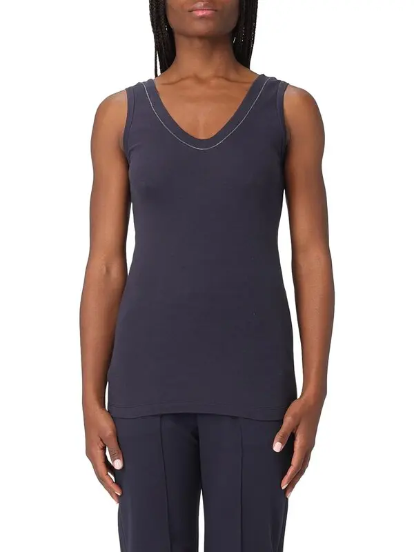 Brunello Cucinelli Stretch Cotton V-neck Tank Top With Monile Embellishment - Ocean