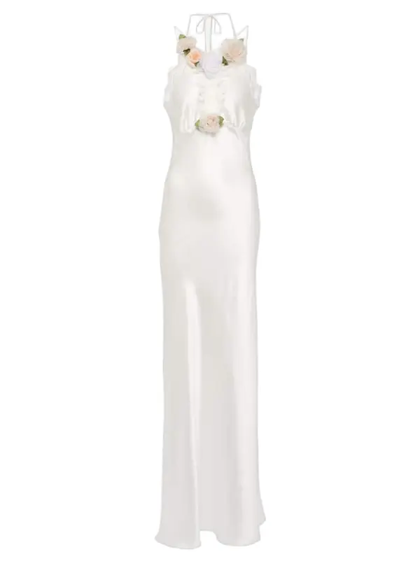 RODARTE Floral-appliqué Lace-trimmed Silk Gown - White