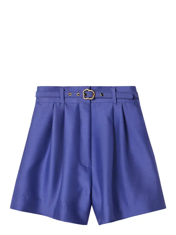 Zimmermann Natura Belted Wool And Silk-blend Wide-leg Shorts - Blue