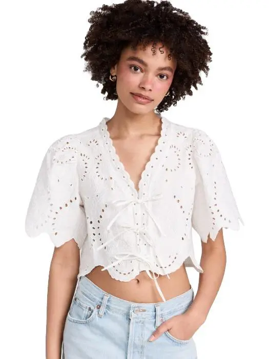 Moon River Eyelet Puff Sleeve Top - Ivory