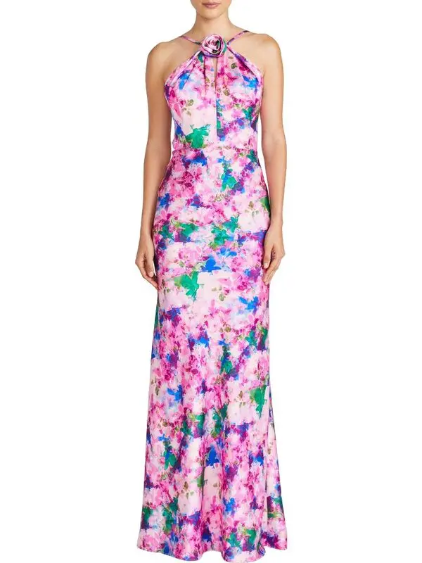 Monique Lhuillier Violette Floral Halter Neck Satin Gown - Waterlily Floral
