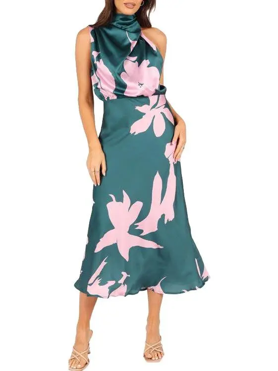 PETAL & PUP Anabelle Mock Neck Satin Midi Dress - Green Pink
