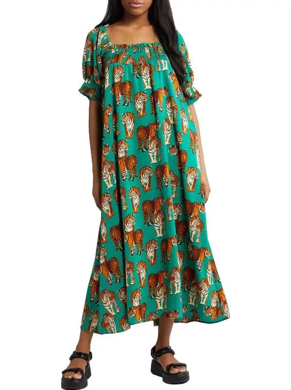 DRESSED IN LALA Tiger Print Smocked Maxi Dress - Green Tiger