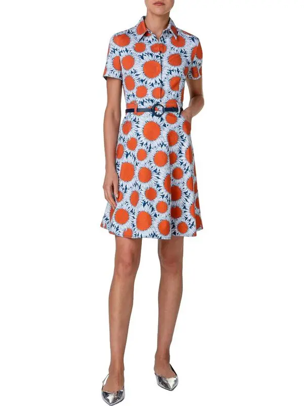 Akris Floral Print Denim Shirt Dress With Belt - Ink-orange