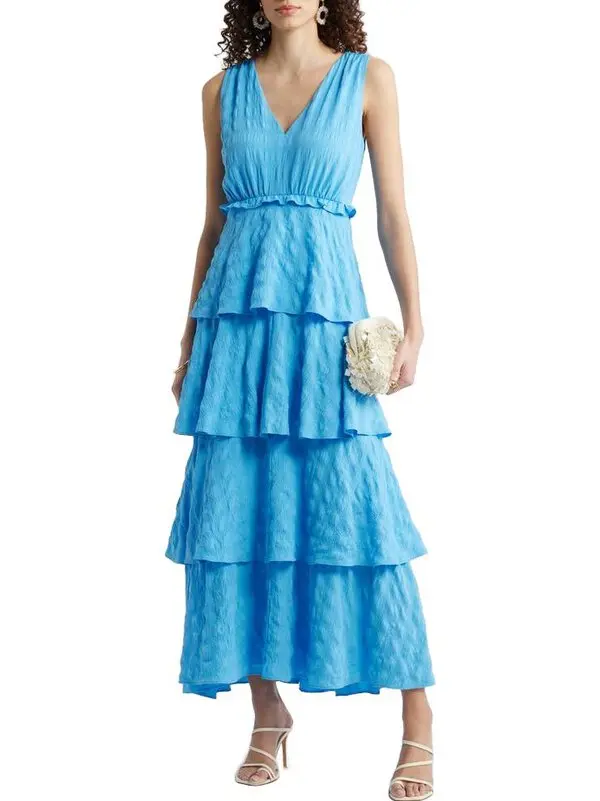 Chelsea28 Tiered Ruffle Seersucker Maxi Dress - Blue Maya