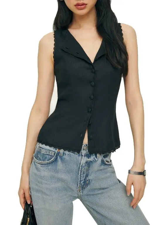 REFORMATION Amela Linen Top - Black