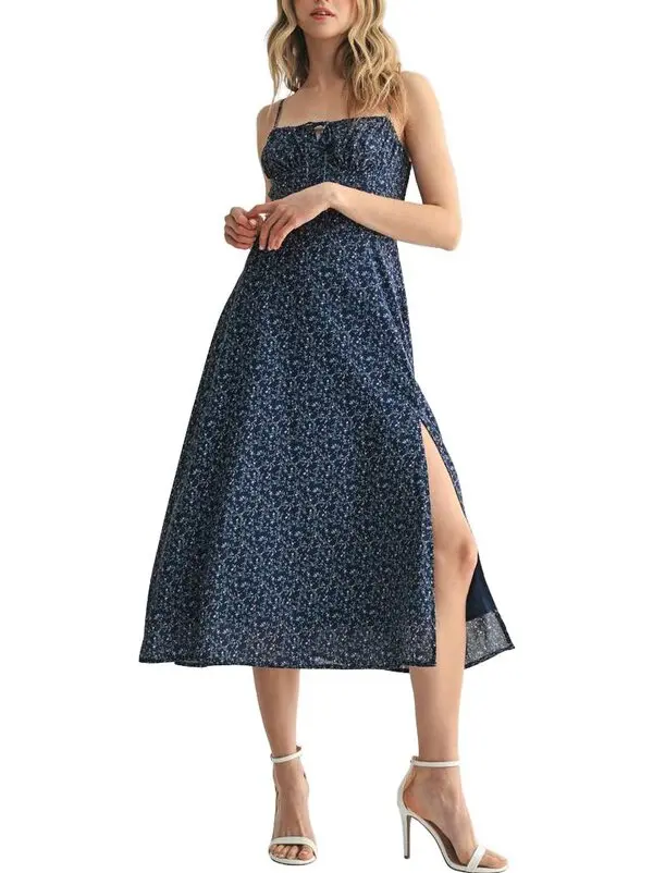 ALL IN FAVOR Strappy Midi Sundress - Navy Pink Ditsy