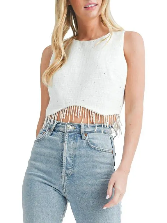 ALL IN FAVOR Sequin And Imitation Pearl Tweed Crop Top - White