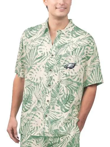 MARGARITAVILLE Tan Philadelphia Eagles Sand Washed Monstera Print Party Button-up Shirt - Cream