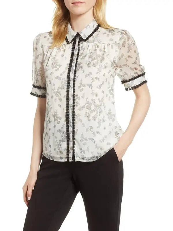 CECE DUPRAZ Floral Print Ruffle Trim Shirt - Antique White