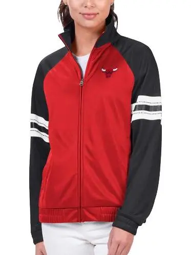 G-III 4HER BY CARL BANKS Chicago Bulls Main Player Raglan Rhinestone Track Jacket - Red