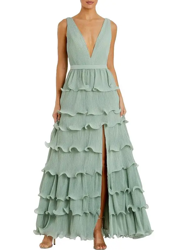Mac Duggal Ruffled V-neck Tiered Maxi Dress - Sage