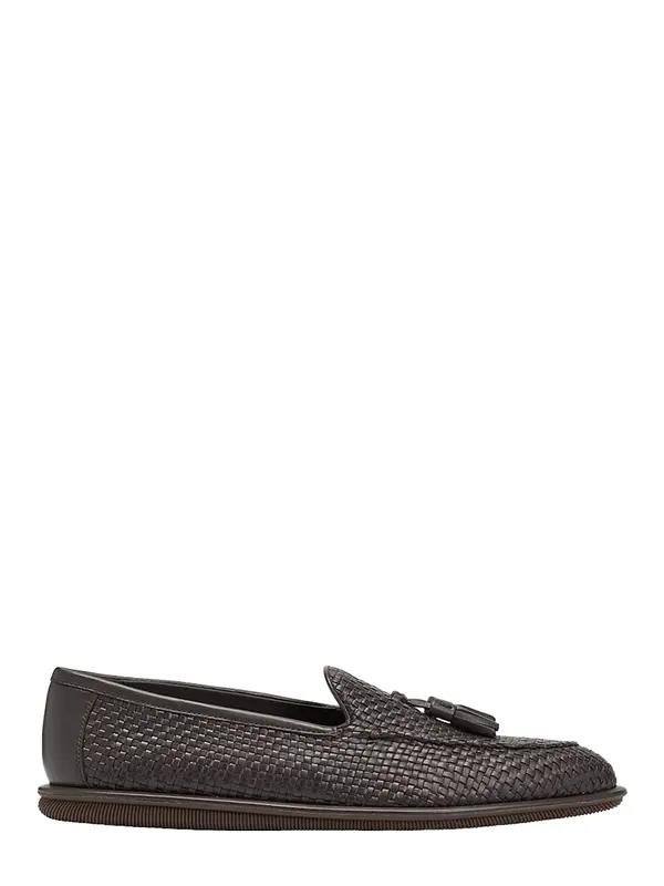 Giorgio Armani Woven Leather Tassel Loafers - Brown