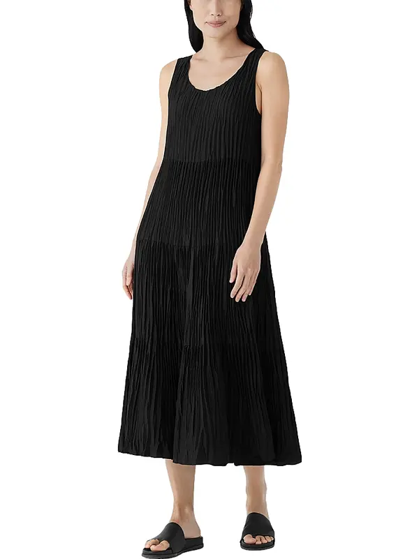 Eileen Fisher Crinkle Silk Tiered Midi Dress - Black