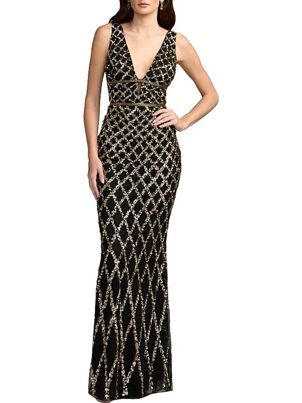 Mac Duggal Sequined Plunge Neck Sleeveless Gown - Black