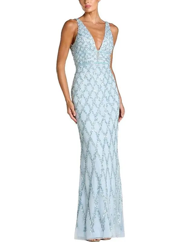 Mac Duggal Sequined Plunge Neck Sleeveless Gown - Ice Blue