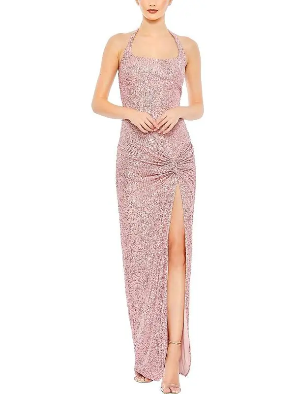 Mac Duggal Sequined Halter Gown With Knot Detail - Rose