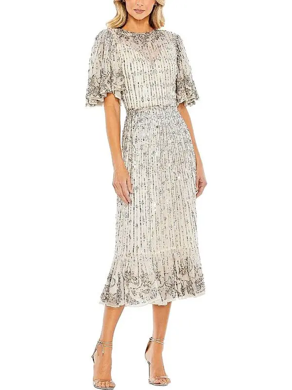 Mac Duggal Sequined Flounce Sleeve Midi Dress - Nude Silver