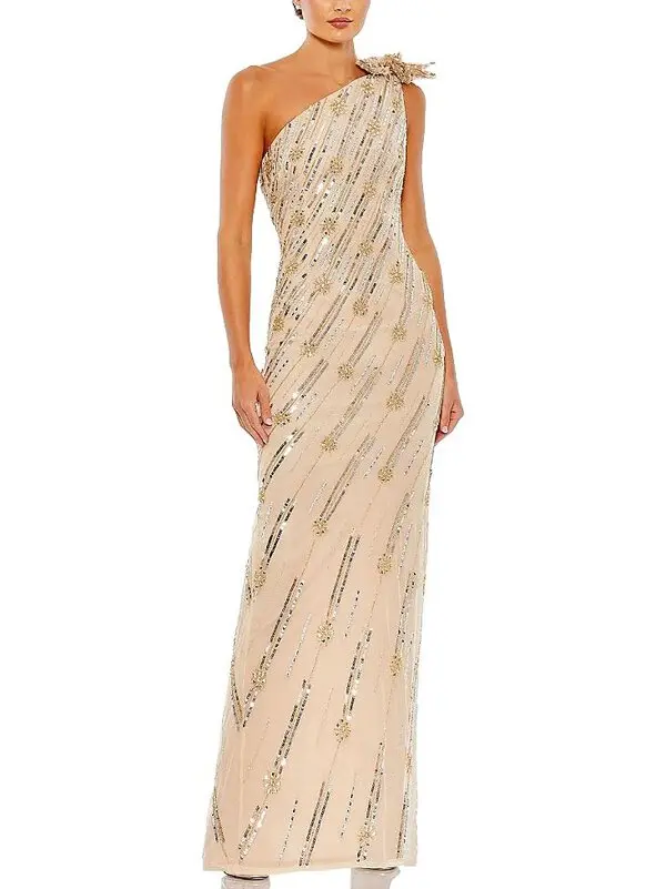 Mac Duggal Embellished Floral One Shoulder Gown - Nude Gold