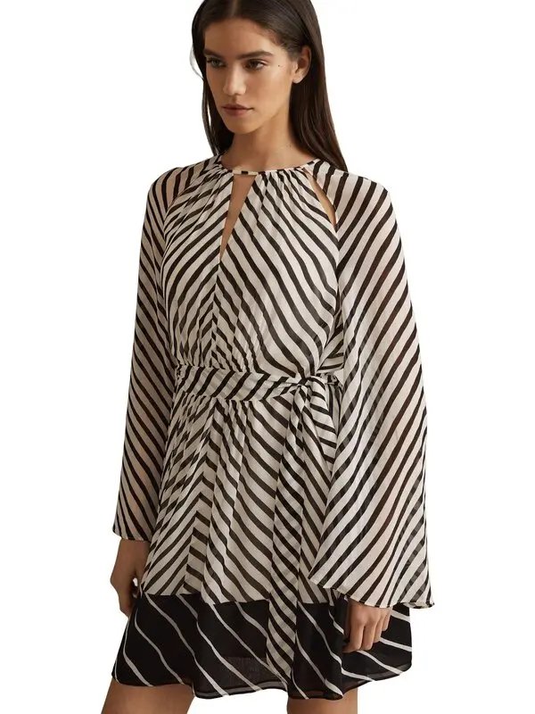 REISS Striped Mini Dress With Cut-out Detailing - Black/neutral