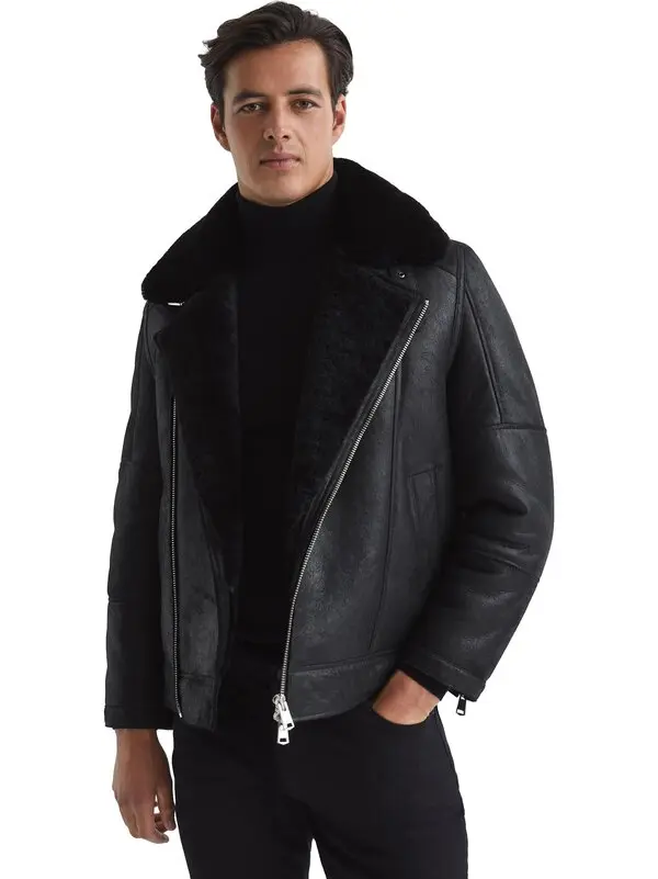 REISS Aka Sherpa Suede Jacket - Black
