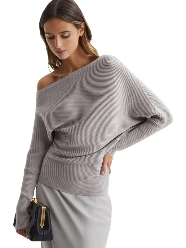 REISS Lorna Asymmetric Drape Knitted Top - Grey