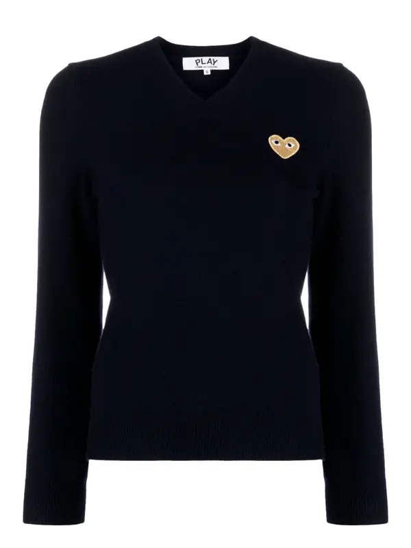 Play Comme Des Garcon Heart-patch V-neck Wool Sweater - Blue