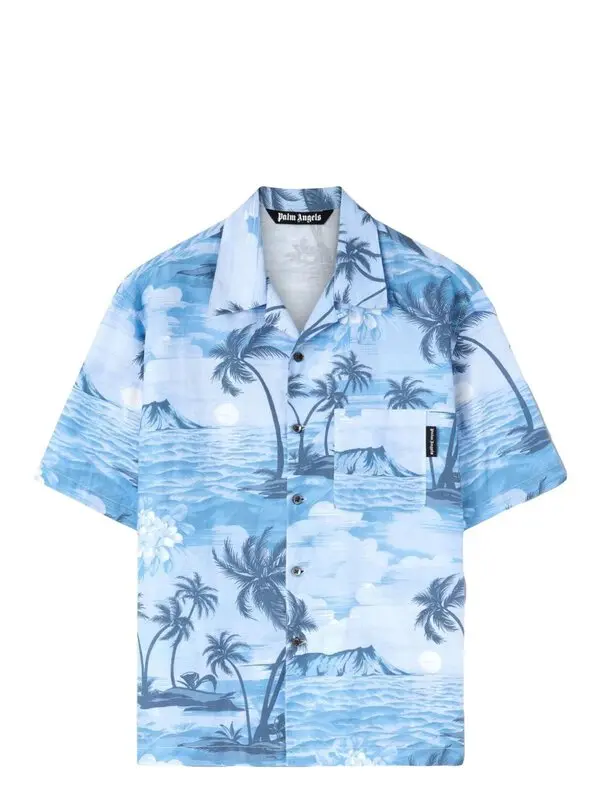 Palm Angels Sunset-print Linen-blend Shirt - Blue