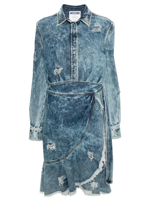Moschino Wraparound Distressed Denim Shirtdress - Blue