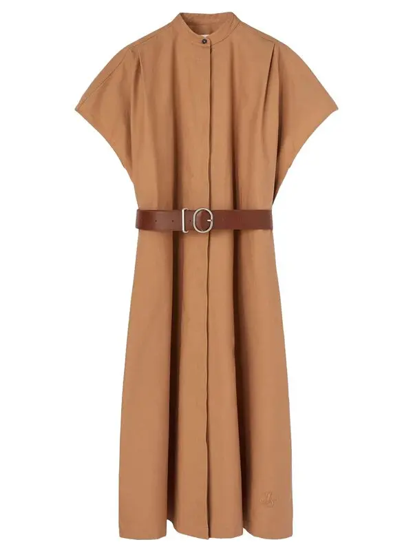 JIL SANDER Collarless Belted Shirt Dress - Brown