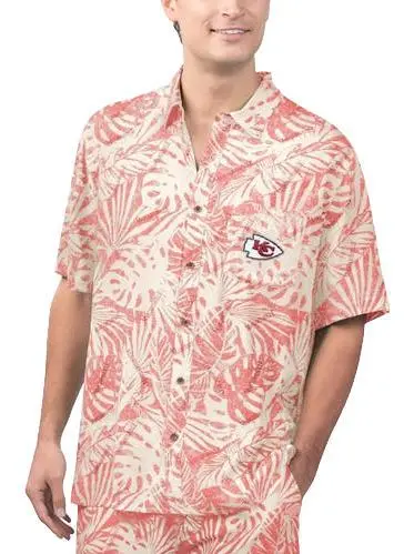 MARGARITAVILLE Tan Kansas City Chiefs Sand Washed Monstera Print Party Button-up Shirt - Cream