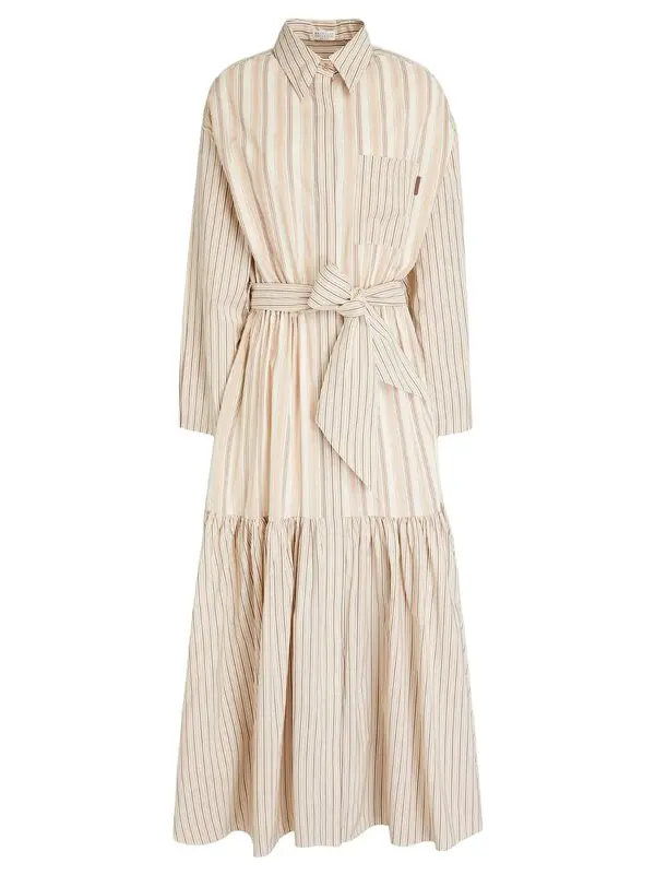 Brunello Cucinelli Belted Striped Cotton And Silk-blend Maxi Shirt Dress - Beige