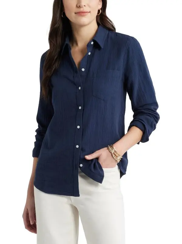 Caslon Casual Gauze Button-up Shirt - Navy Still