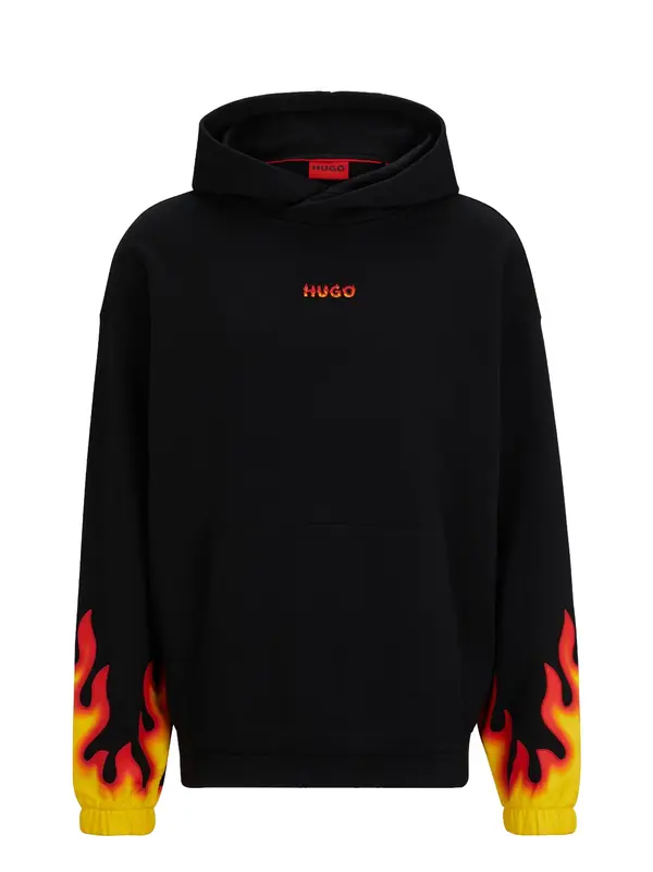 Hugo Flame-print Cotton Hoodie - Black