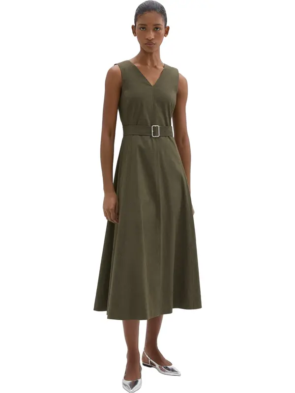Theory V-neck Good Linen Volume Dress - Dark Olive