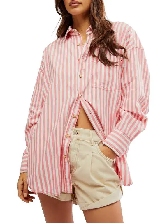 Free People Freddie Stripe Button-up Shirt - Coral Combo