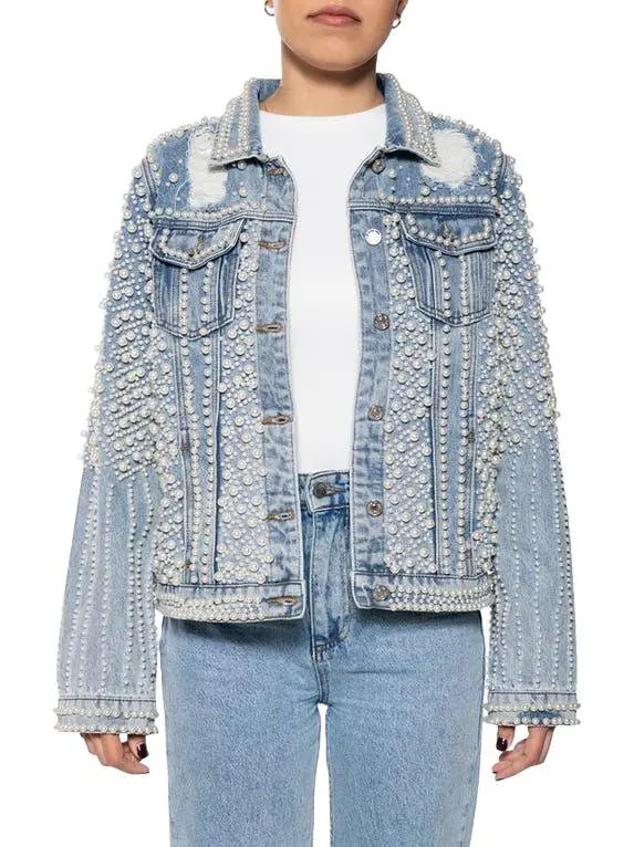 AZALEA WANG Imitation Pearl Denim Trucker Jacket - Blur